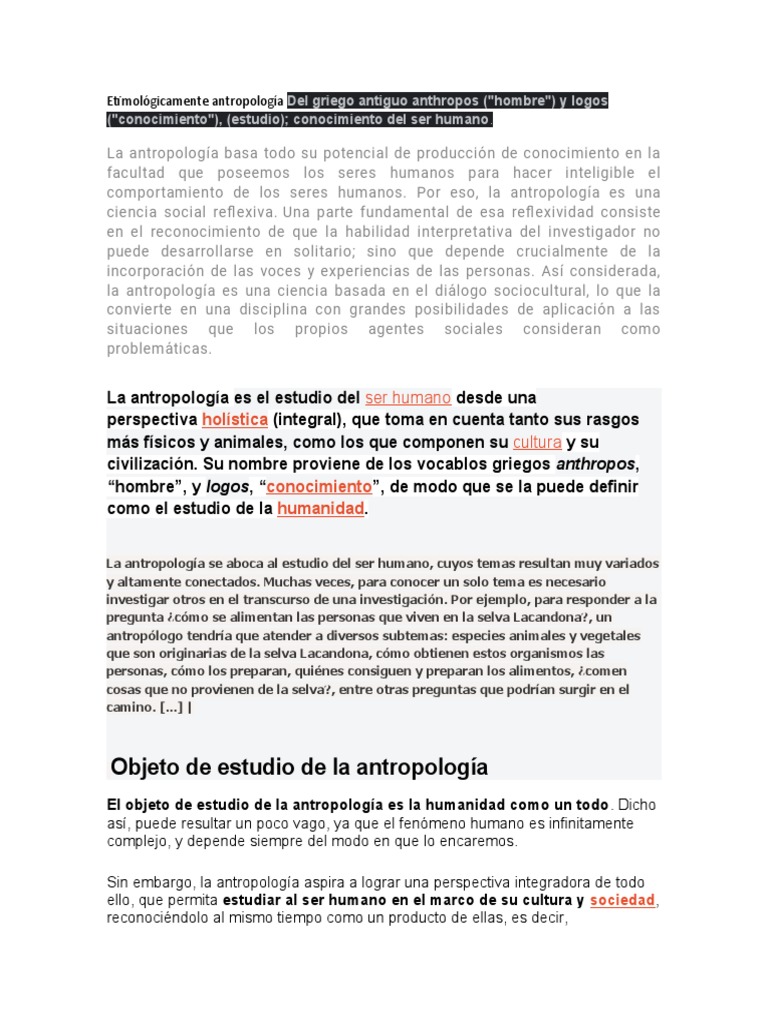 Etimológicamente antropología Del griego antiguo anthropos | PDF ...