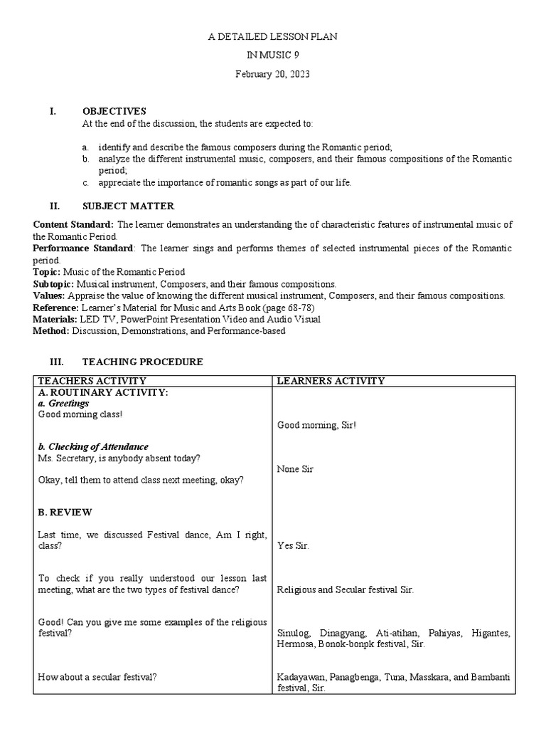 A Detailed Lesson Plan-Music Feb 20 | PDF | Franz Liszt | Frédéric Chopin