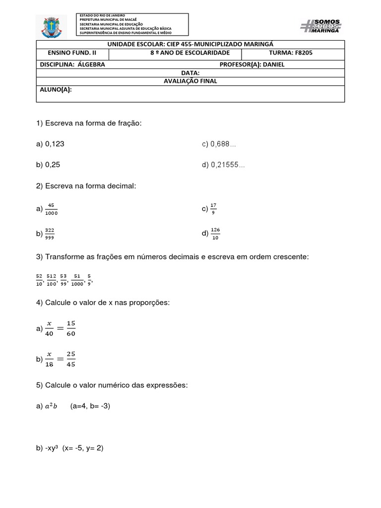 Prova 9 Ano Bim 1 | PDF