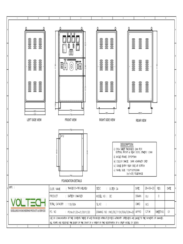 Schematic Diagram and Dimensional Drawings of a 110V/60A Battery ...