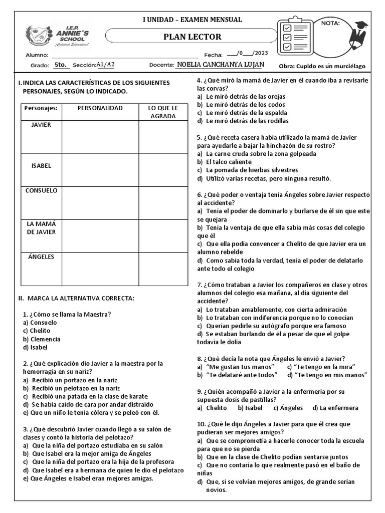 Examen 1 Plan Lector-Cupido Es Un Murciélago | PDF