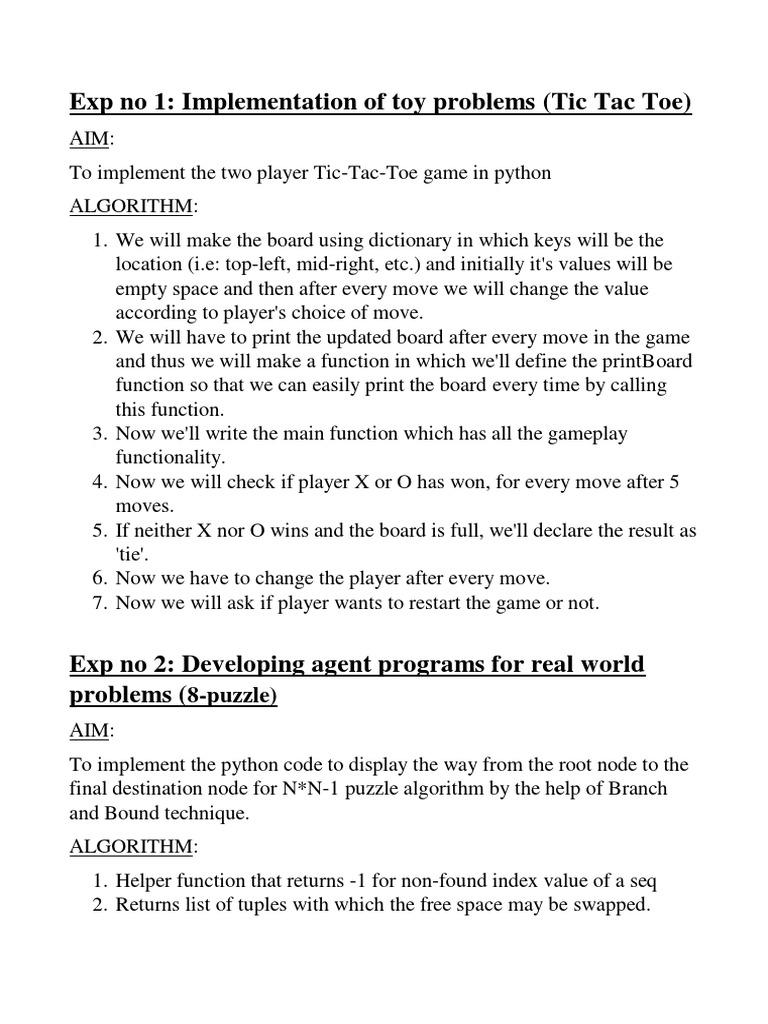 Exp No 1: Implementation of Toy Problems (Tic Tac Toe) : 8-Puzzle) | PDF | Computer Programming ...