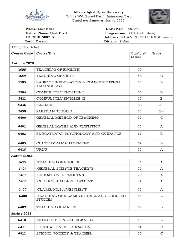 Web Based Result Intimation - Card - AIOU - Spring 2022 | PDF