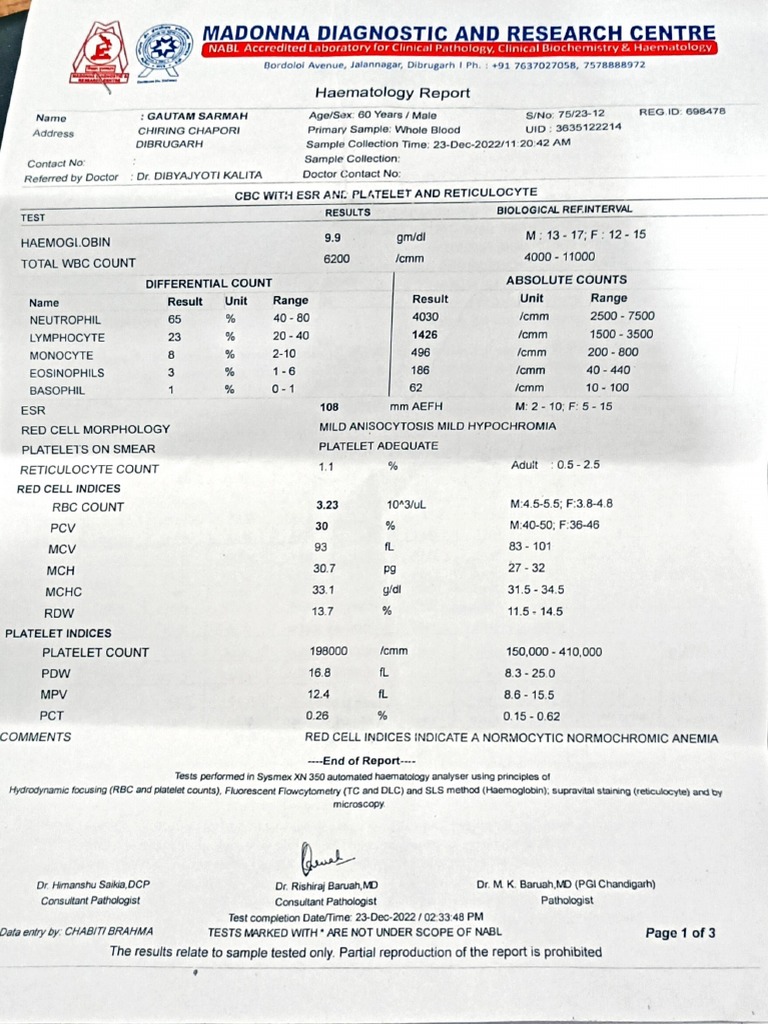 Madonna Diagnostic and Research E: Haematology Report | PDF