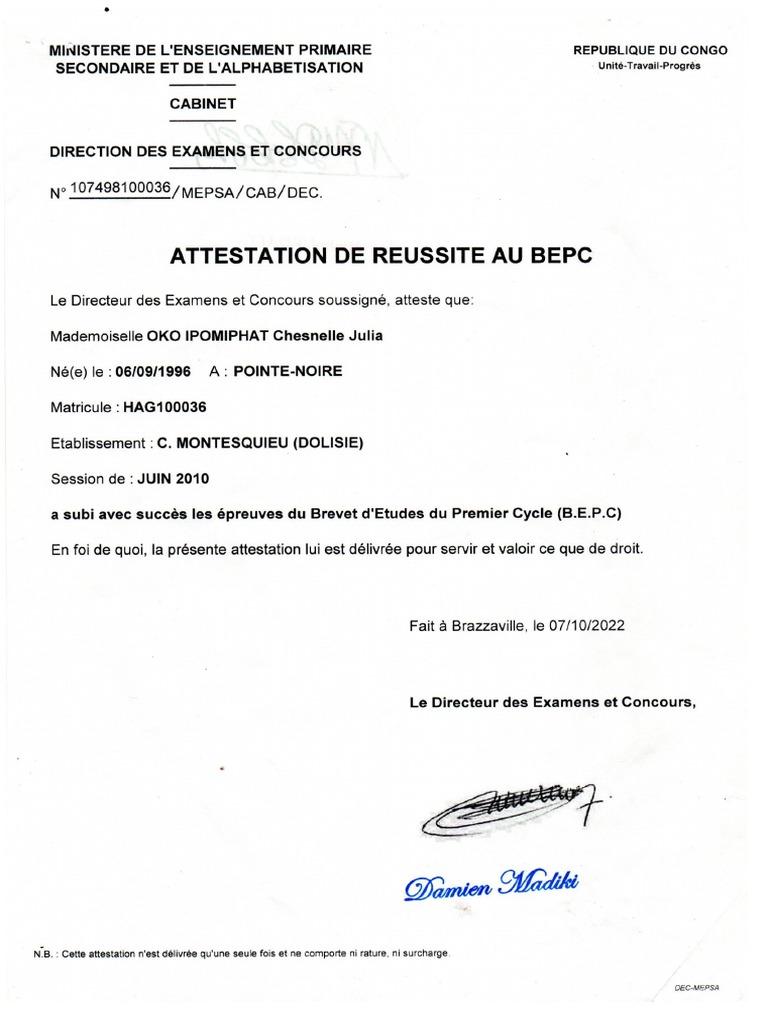 Attestatin BEPC - Copie | PDF