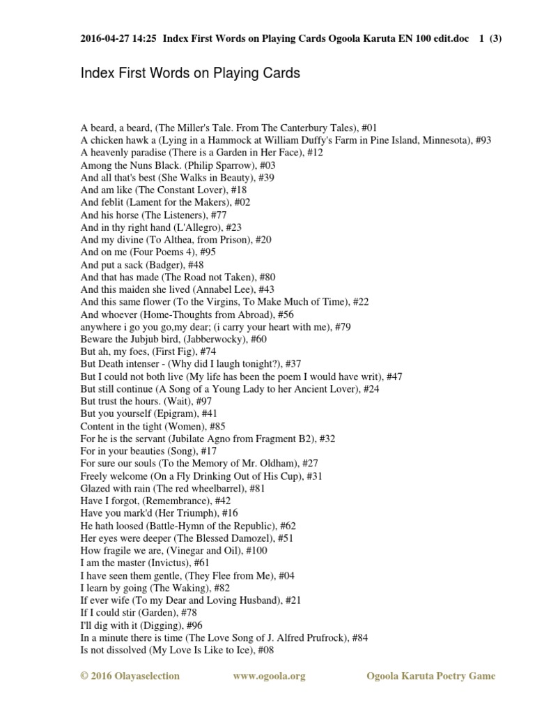 Index First Words On Playing Cards Ogoola Karuta EN 100 Edit | PDF | Poetry