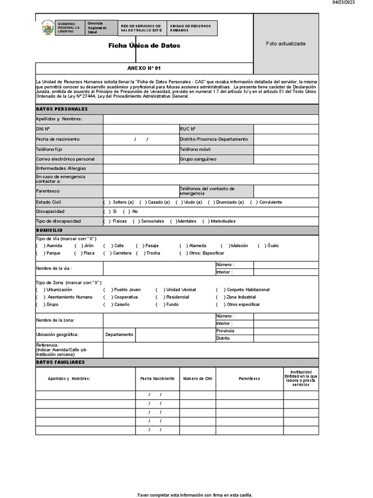 Ficha de Datos Personales - CAS | PDF