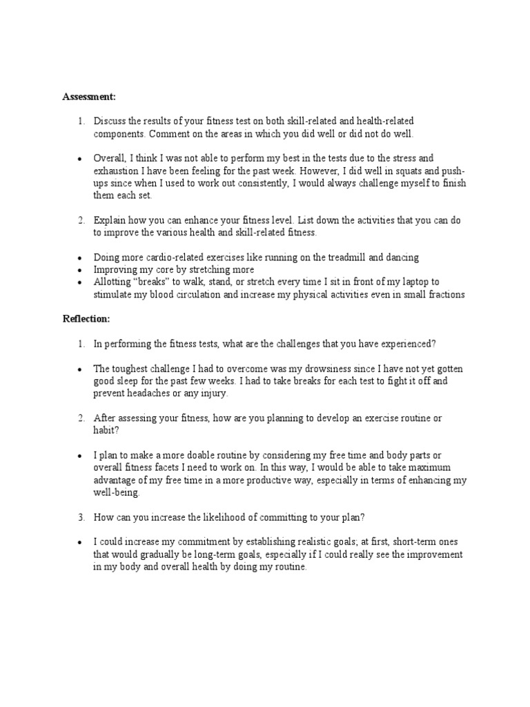Assessment and Reflection - PE | PDF | Self-Improvement