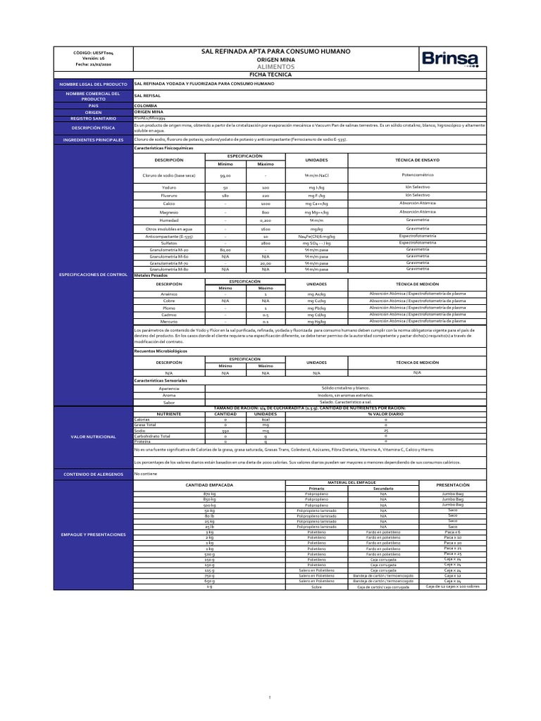 Ficha Técnica Sal Refinada Refisal | PDF | sal | Alimentos