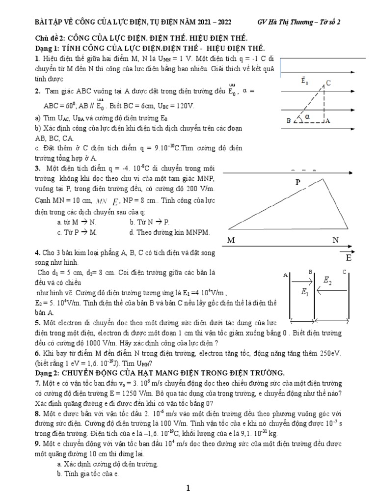 E uur α E uur: Bài Tập Về Công Của Lực Điện, Tụ Điện Năm 2021 - 2022 Gv ...