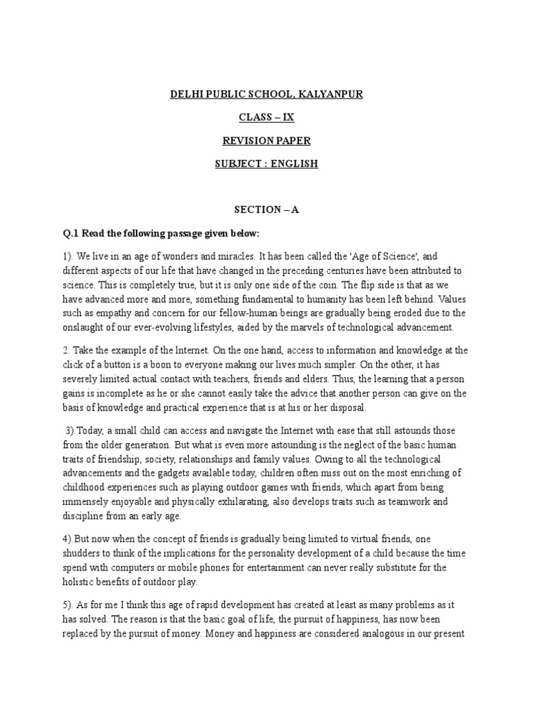 Class 9 English Revision Paper1 | PDF