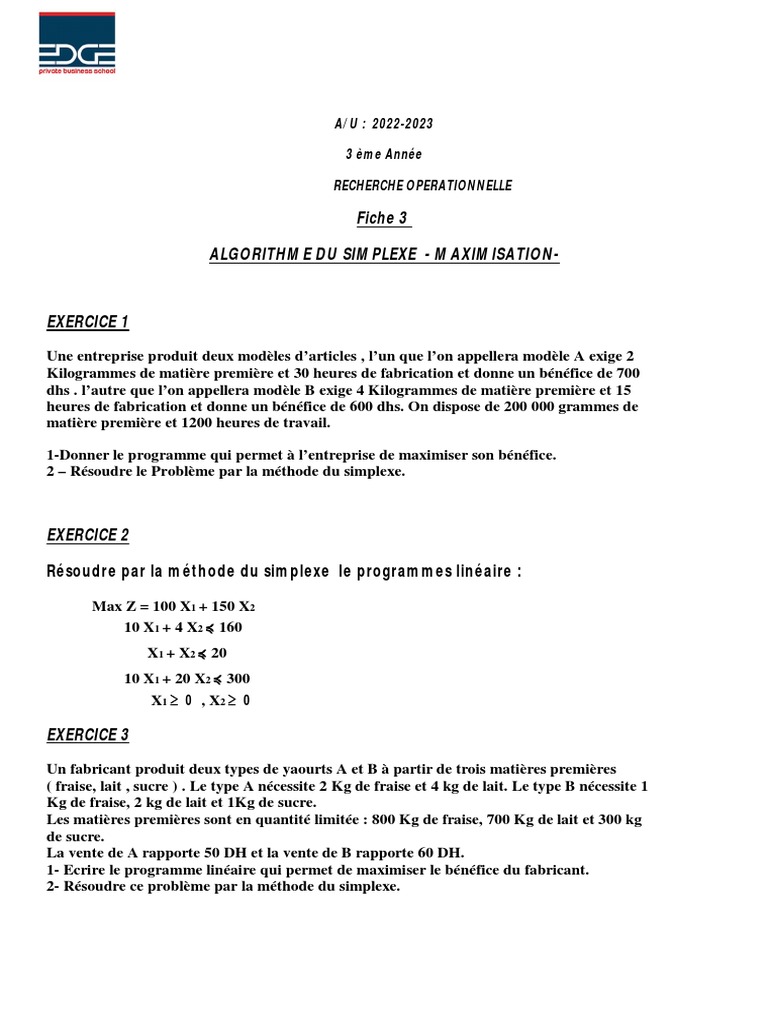 EDGE FICHE D'EXERCICES #3 Algorithme Du Simplexe MAX | PDF
