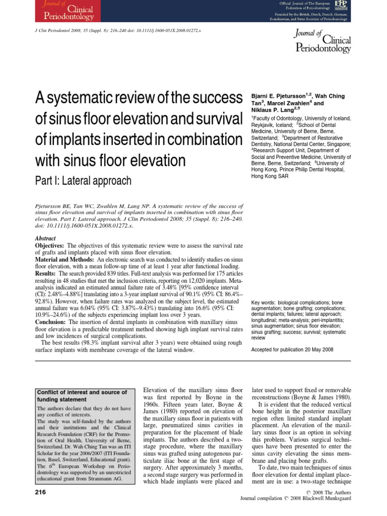 A Systematic Review of The Success of Sinus Floor Elevation and Survival of Implants Inserted in ...