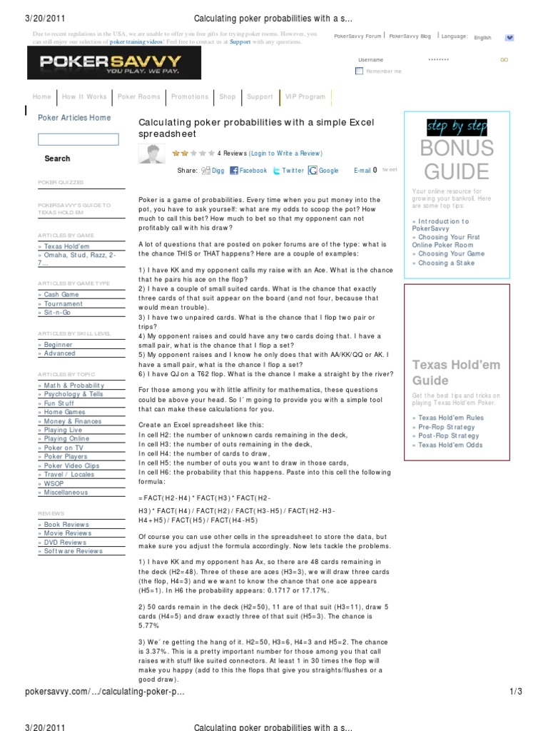 Calculating Poker Probabilities With A Simple Excel Spreadsheet - Poker ...