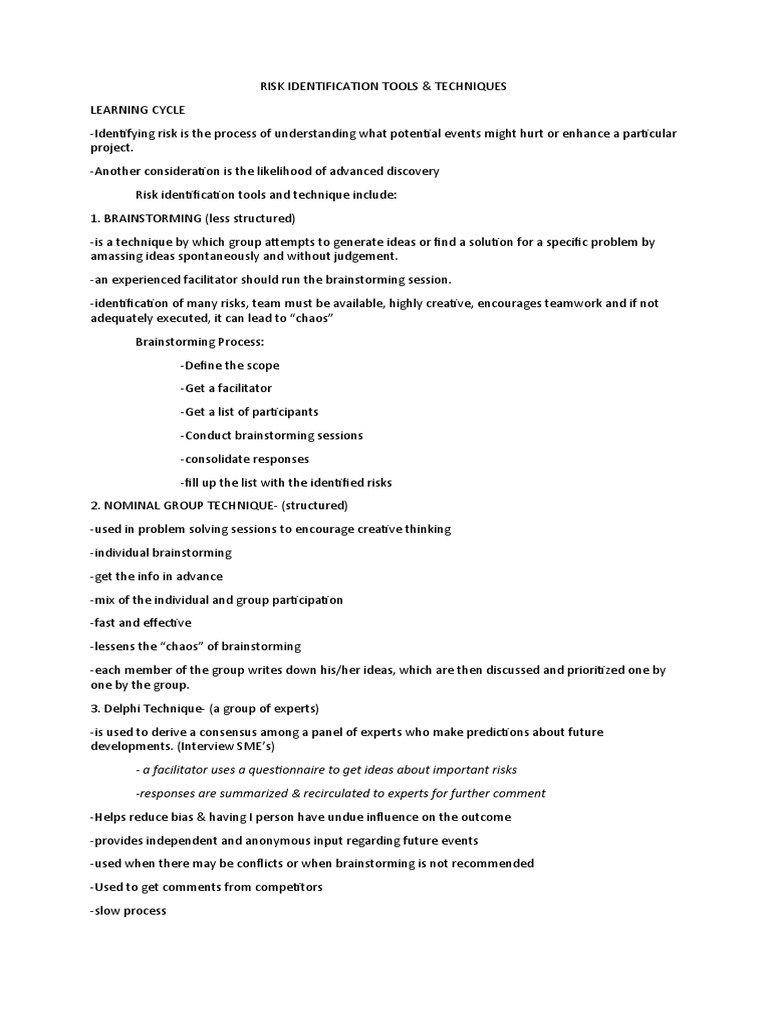 Risk Identification Tools | PDF | Brainstorming | Risk
