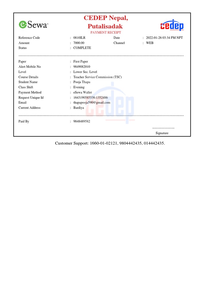 CEDEP Nepal, Putalisadak: Payment Receipt | PDF