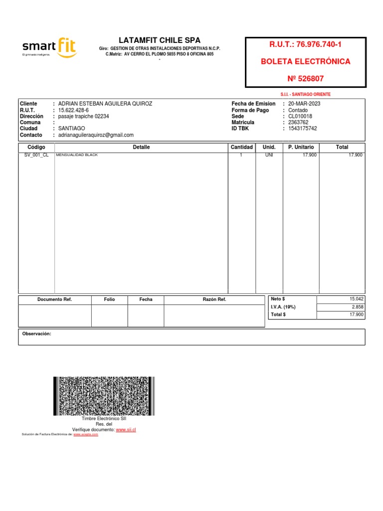 Latamfit Chile Spa: R.U.T.: 76.976.740-1 Boleta Electrónica #526807 ...