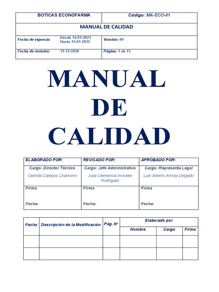 Manual de Calidad | PDF | Farmacia | Calidad (comercial)