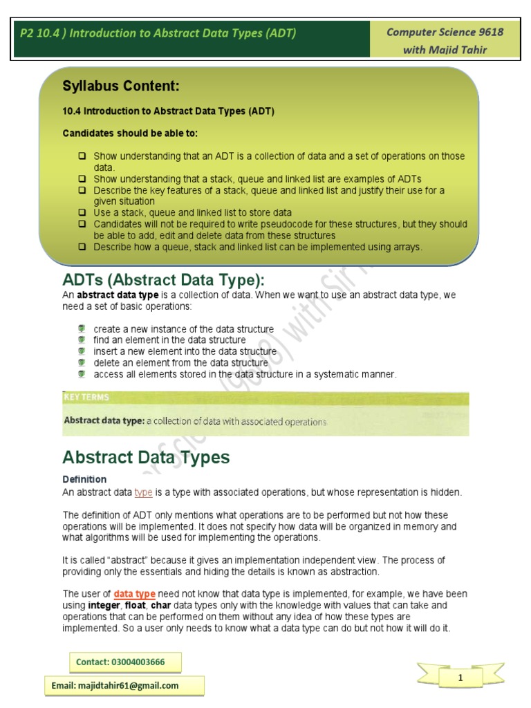 10.4 Abstract Data Types ADTs (M.T-L) | PDF | Queue (Abstract Data Type) | Pointer (Computer ...