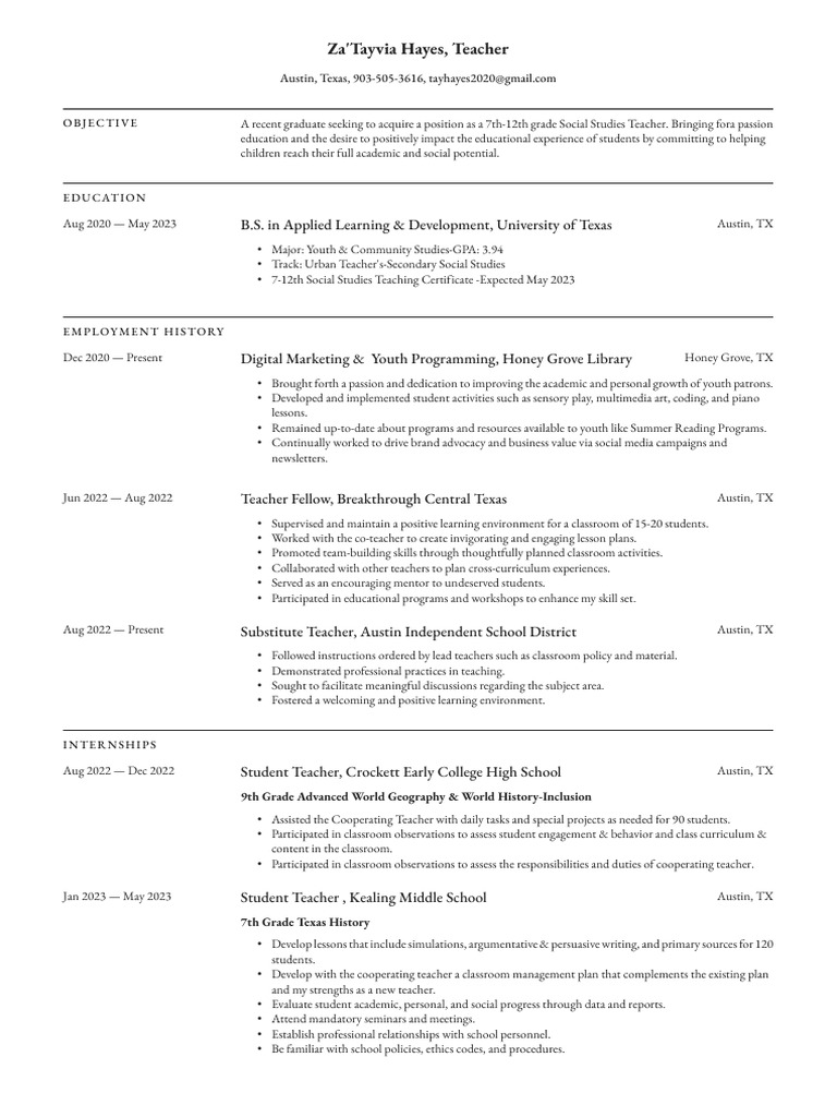 Social Studies Teacher Resume - Za'Tayvia Hayes | PDF | Art | Wellness