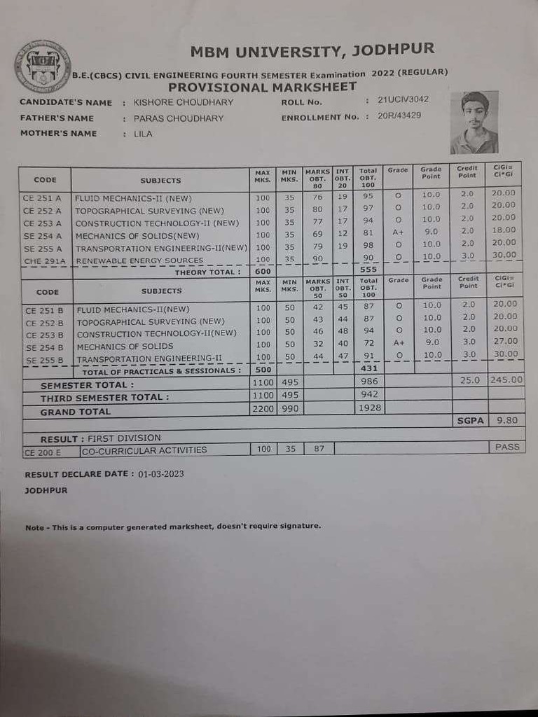 4TH Sem Marksheet | PDF
