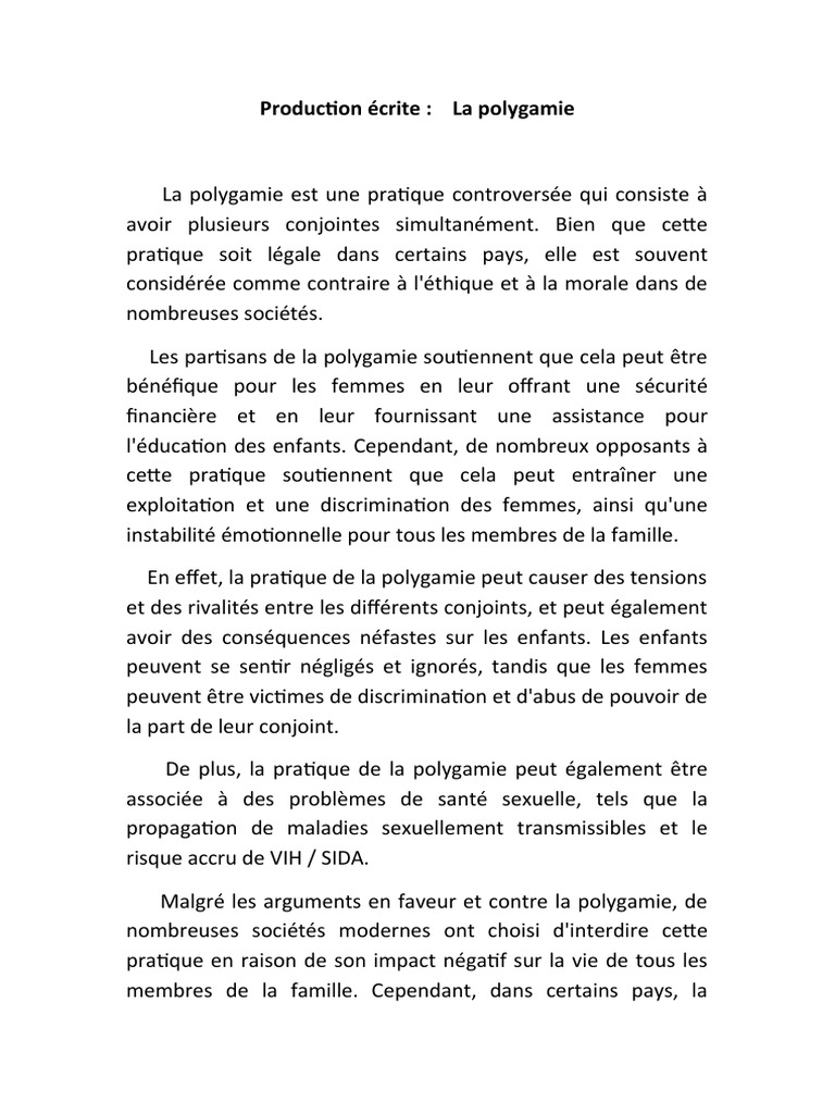 Production Écrite La Polygamie PDF | PDF | Polygamie | SIDA