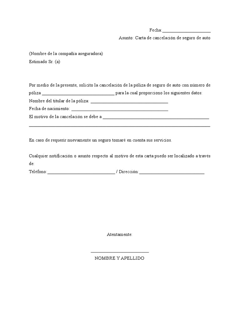 Carta De Cancelación De Seguro De Auto Buena Pdf
