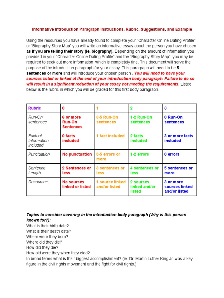 Informative Introduction and Conclusion Paragraph Instructions Rubric ...