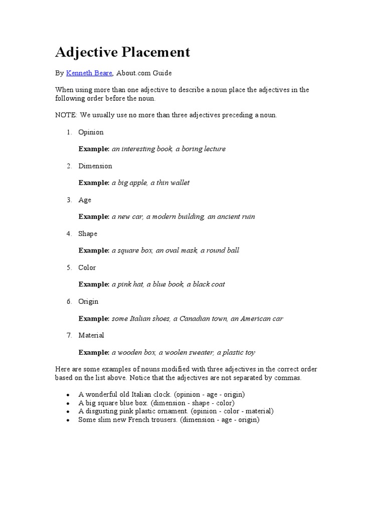 Adjective Placement: Kenneth Beare | PDF | Language Arts & Discipline ...
