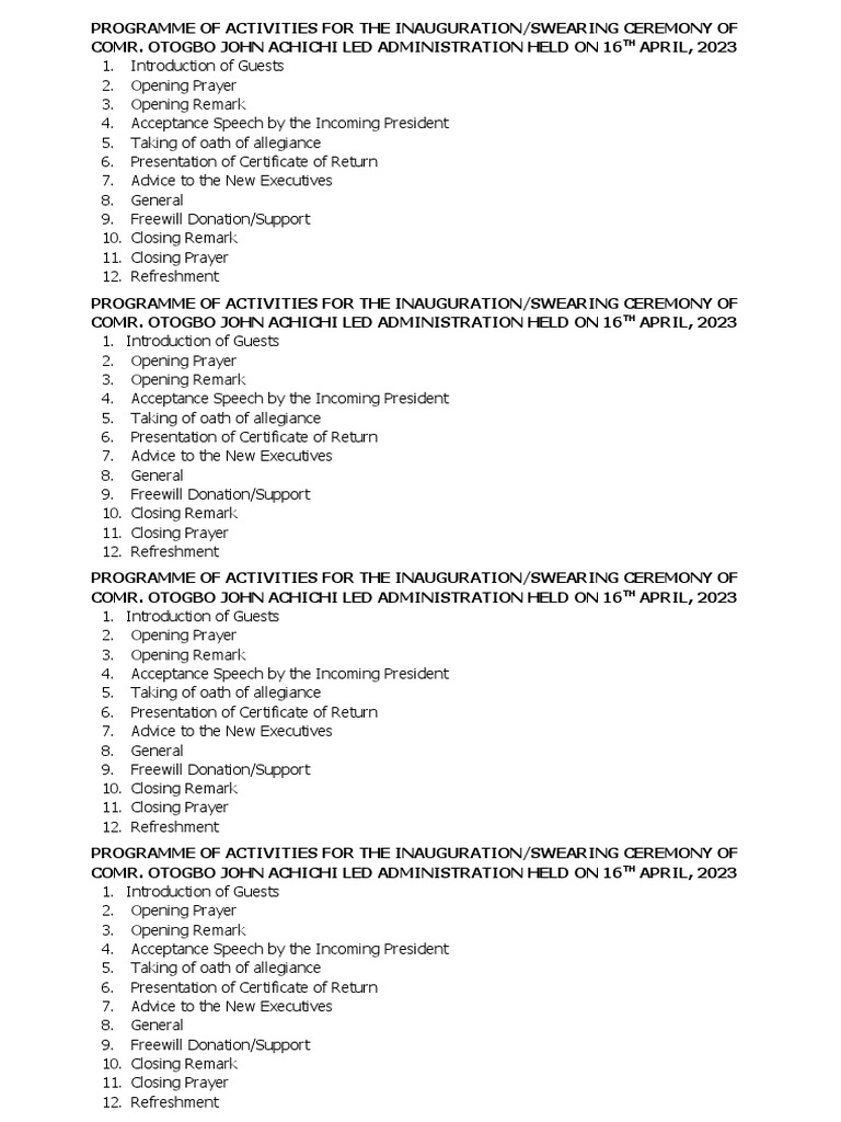 Programme of Activities For The Inauguration | PDF