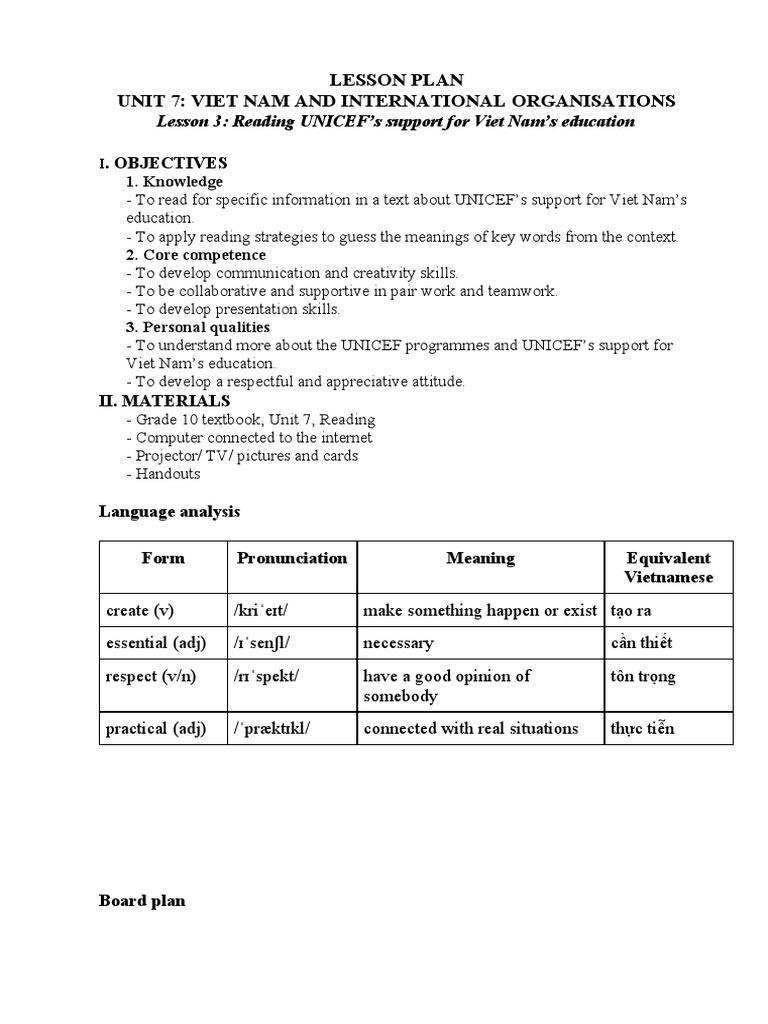 LESSON PLAN UNIT 7: VIET NAM AND INTERNATIONAL ORGANISATIONS LESSON 3 ...
