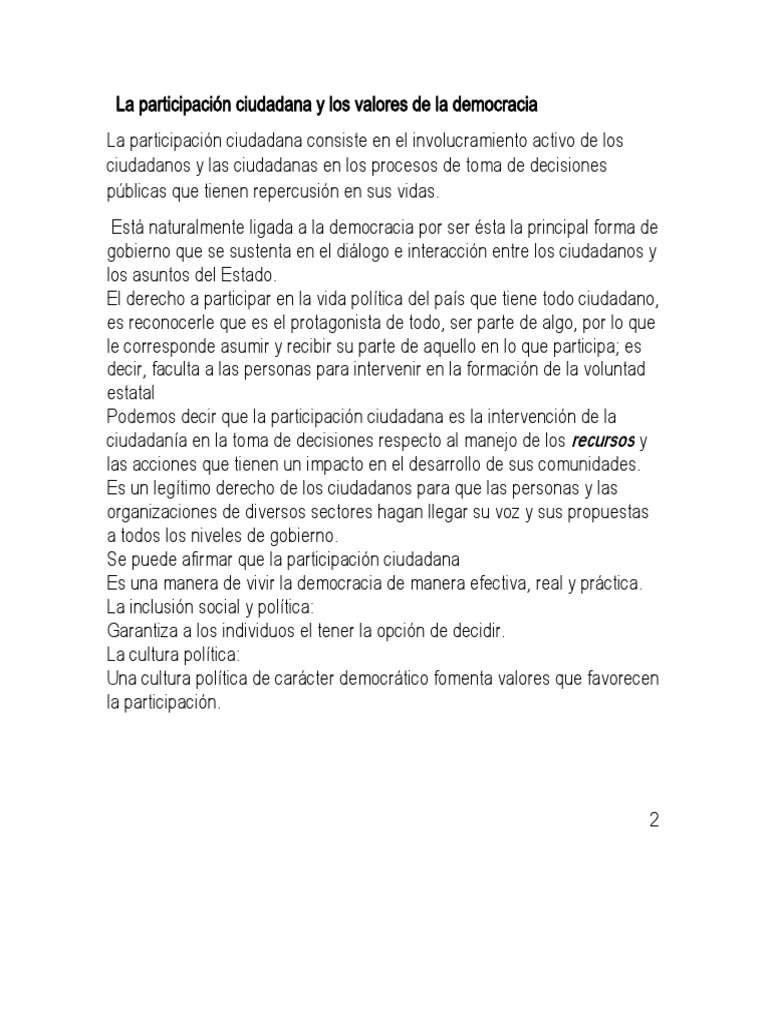 La Participación Ciudadana y Los Valores de La Democracia | PDF
