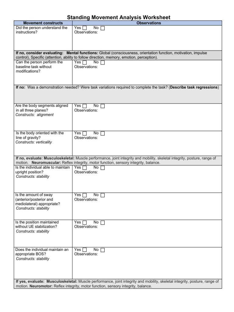 3 - Standing Movement Analysis Worksheet | PDF | Balance (Ability ...