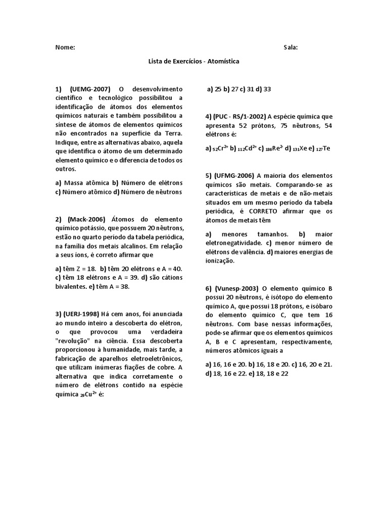 Atomística - Lista de Exercícios | PDF | Química | Elétron