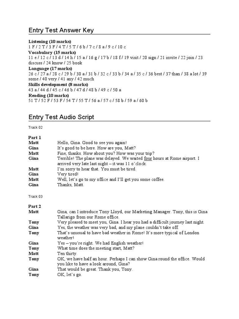 Entry Test Answer Key and Audio Script Second Edition | PDF