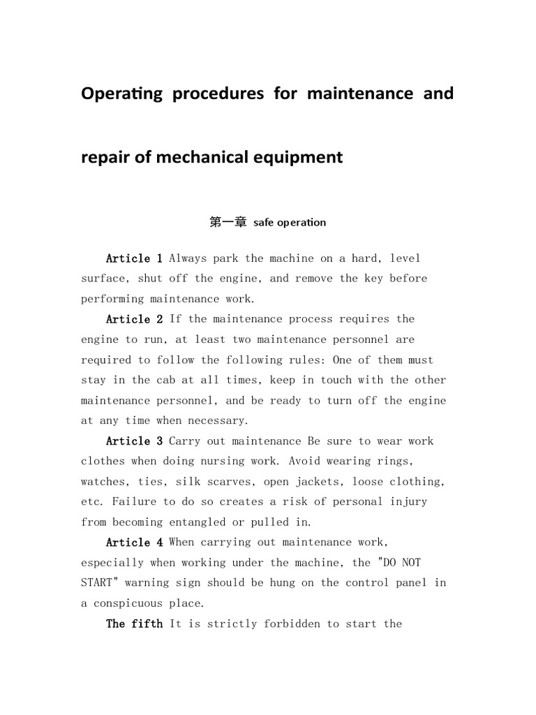 Operating Procedures For Maintenance and Repair of Mechanical Equipment ...