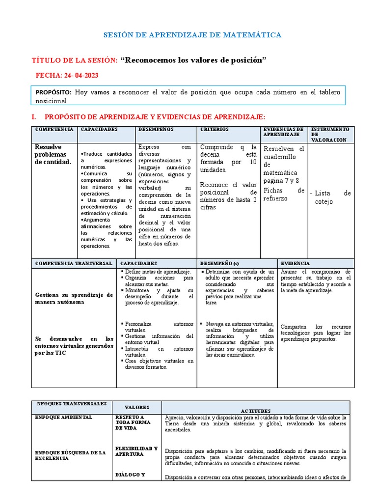 Reconocemos Los Valores de Posición | PDF | Aprendizaje | Educación ...