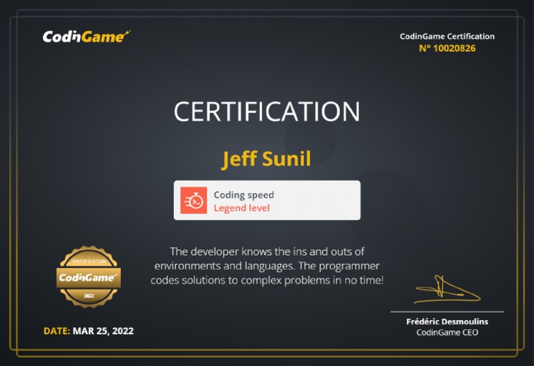 Coding Speed Codingame Certificate | PDF