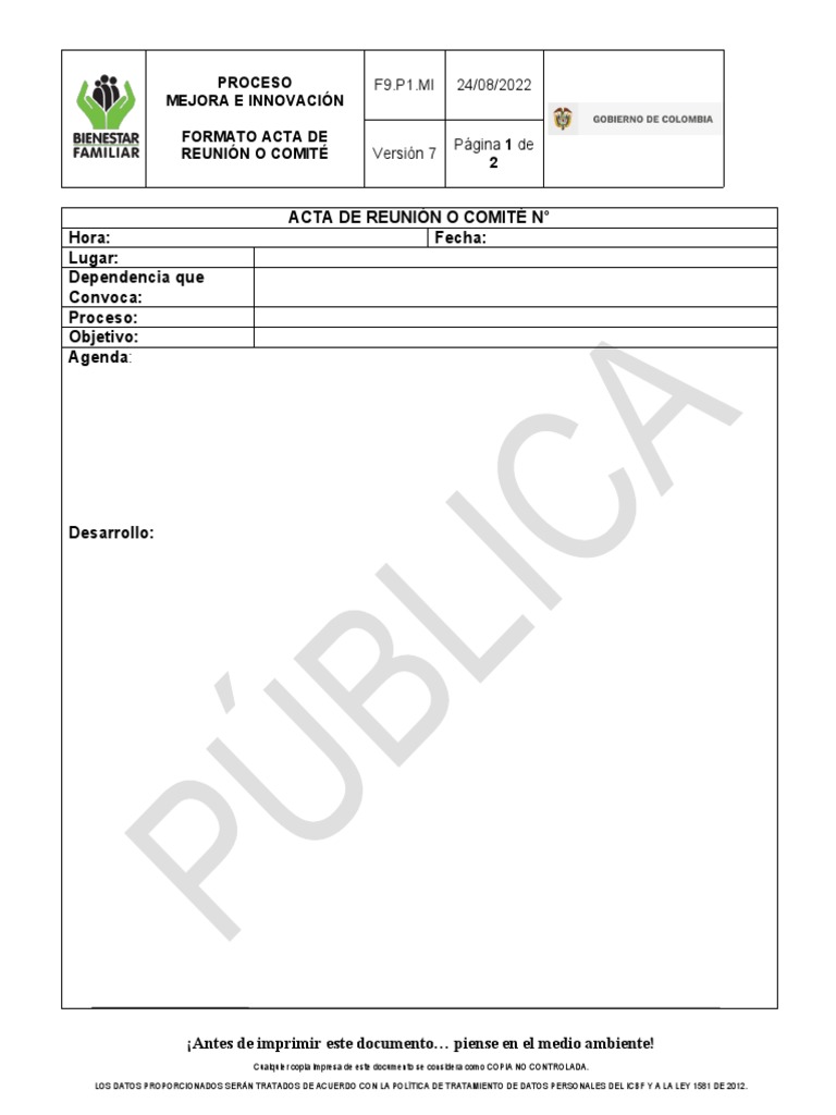 ACTAS F9.p1.mi Formato Acta de Reunion o Comite v7 | PDF