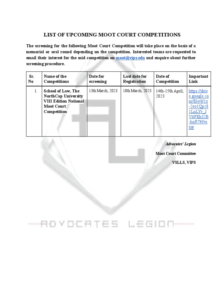 List of Upcoming Moot Court Competitions: 1. 14th-15th April, 2023 | PDF