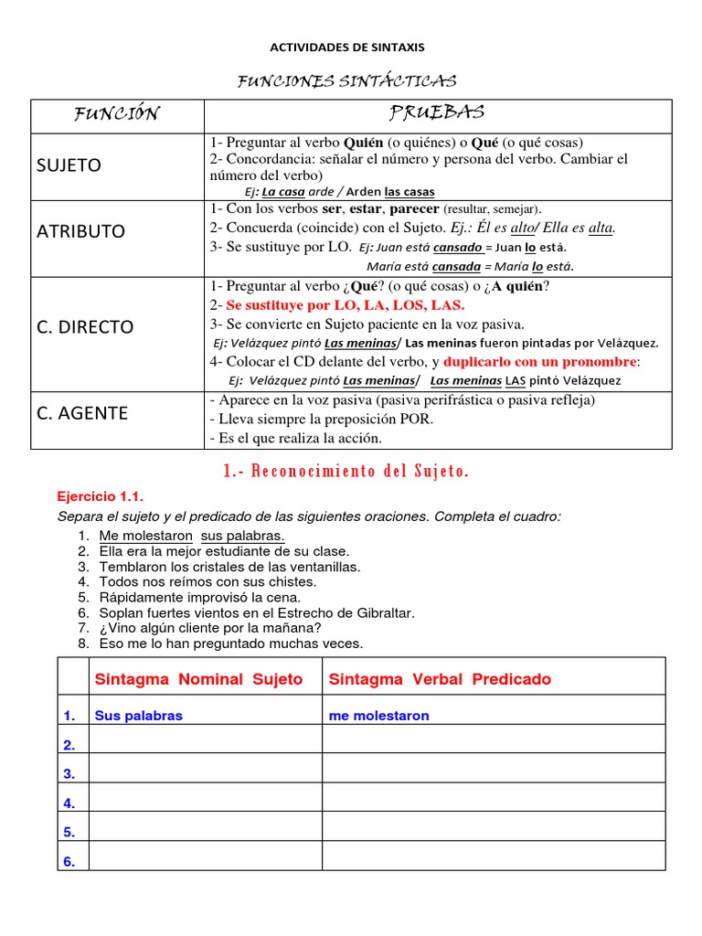 Actividades Básicas Sintaxis-3º Eso-2022 | PDF | Asunto (gramática) | Verbo