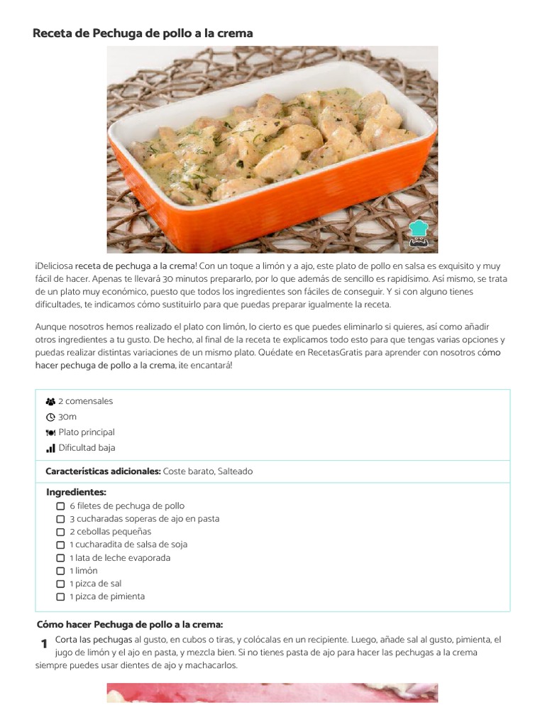 Pechuga de Pollo A La Crema | PDF | Salsa | Crema