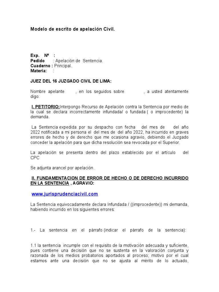 Modelo de Escrito de Apelación Civil | Descargar gratis PDF | Sentencia (ley) | Apelación