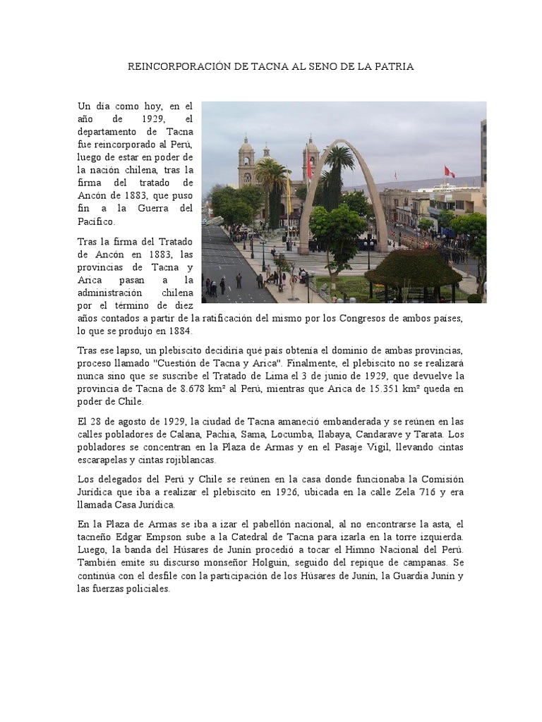 Reincorporación de Tacna Al Seno de La Patria - 28 de Agosto | PDF