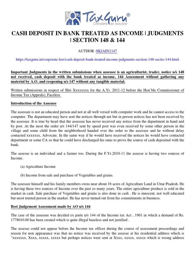 Income Tax Notice on Cash Deposits | PDF | Judgment (Law) | Taxes