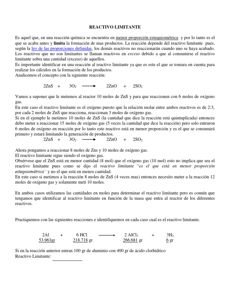 Reactivo Limitante en Reacciones Químicas | PDF | Mole (Unidad) | Ácido
