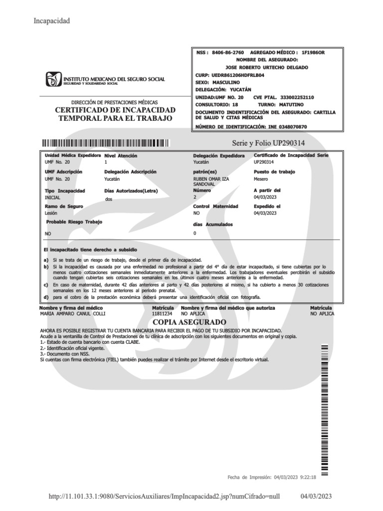 Certificado de Incapacidad Temporal para El Trabajo | PDF