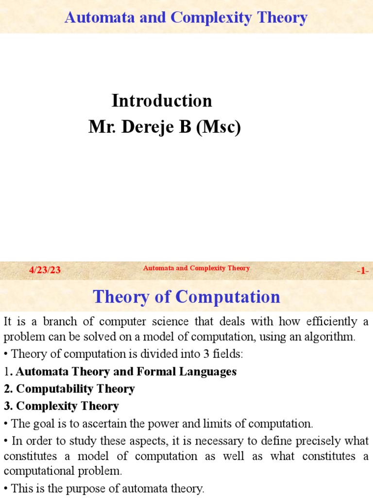 Mr. Dereje B (MSC) : Automata and Complexity Theory | PDF | Automata Theory | Theory Of Computation