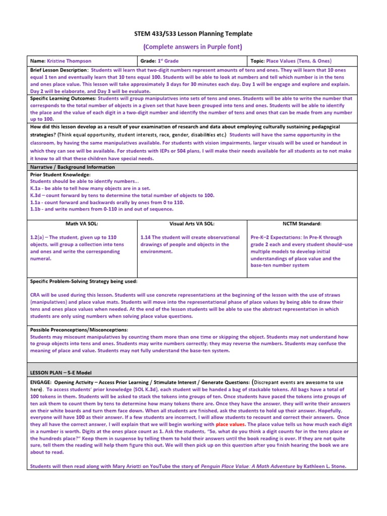 Kristine Thompson-Math 433 Lesson Plan | PDF | Lesson Plan | Cognition