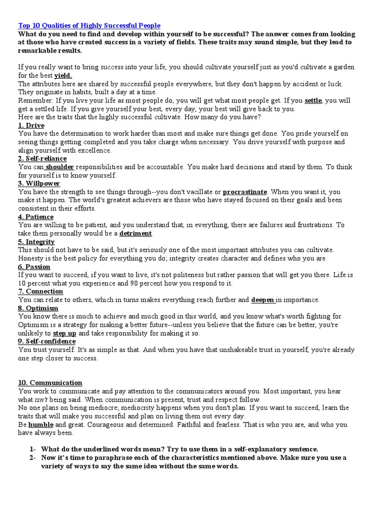 Top 10 Qualities of Highly Successful People | PDF